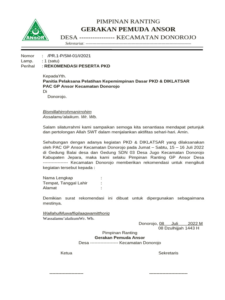 Rekomendasi Peserta PKD GP Ansor Donorojo | PDF