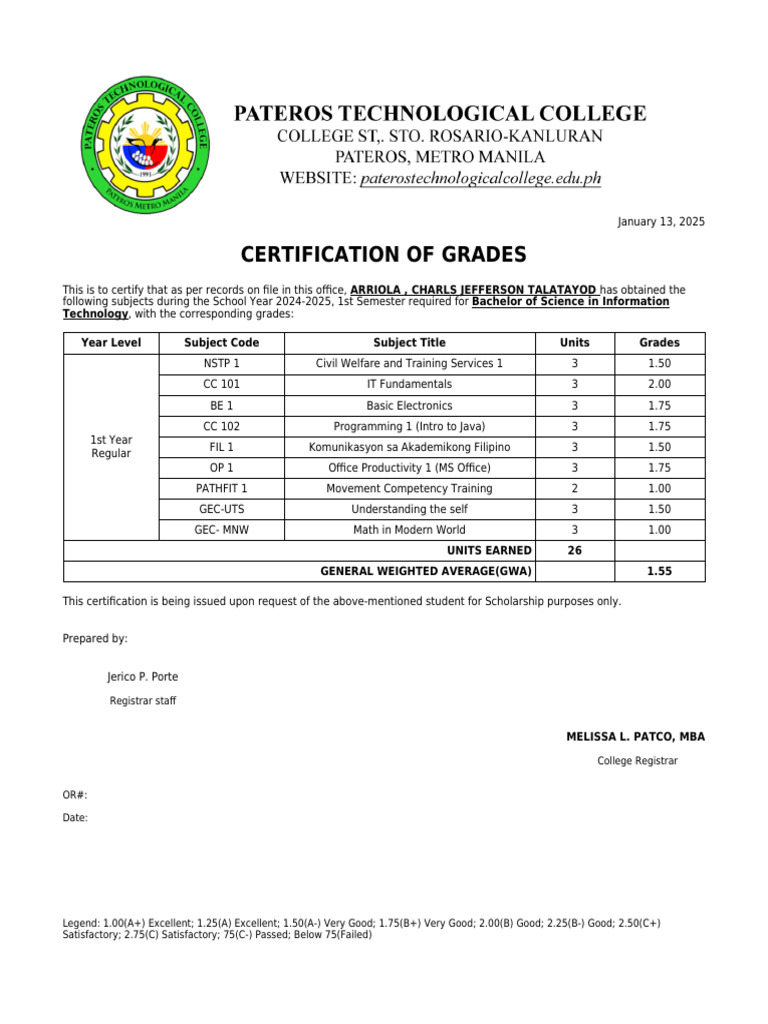 Arriola, Charls Jefferson Talatayod - 1st Semester S.Y. 2024-2025 | PDF | Educational Stages ...