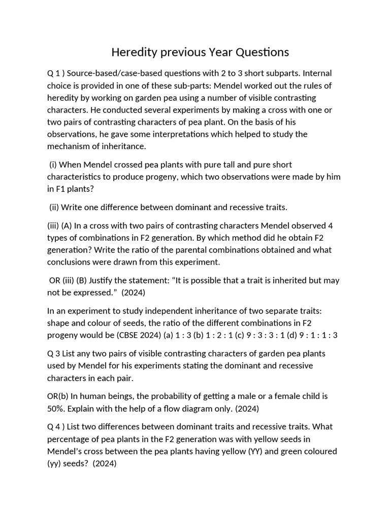 Heredity Previous Year Ques | PDF | Dominance (Genetics) | Heredity