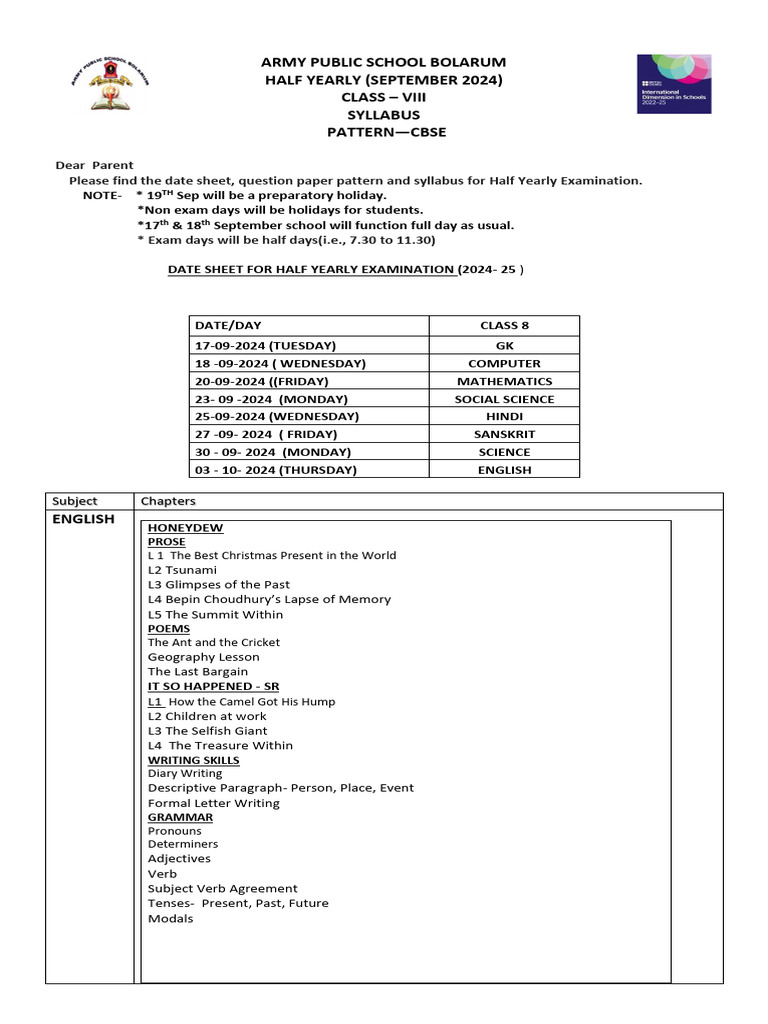 Class 8 Hy Syllabus & QP Pattern Students 24-25 | PDF
