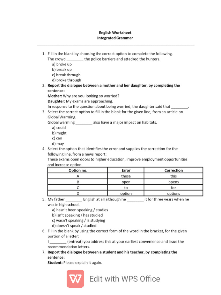 Integrated Grammar Exercise | PDF