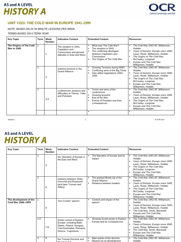 Unit Y223 The Cold War in Europe 1941 1995 Scheme of Work | PDF | Cold ...