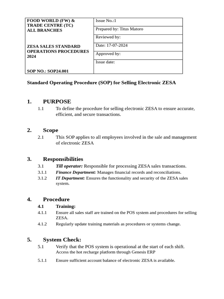 Standard Operating Procedure-ZESA | PDF | Point Of Sale | Business