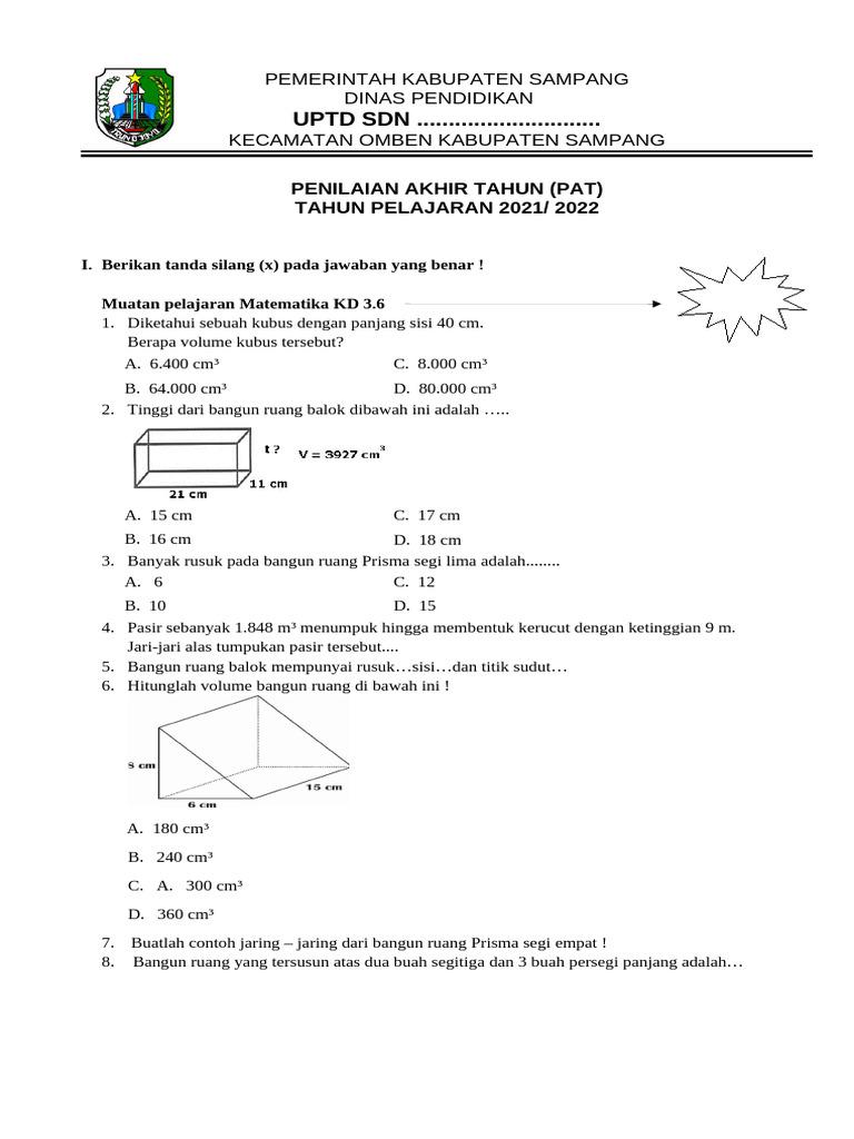 Soal Matematika Pat KLS 6 Tapel 2021-2022 | PDF