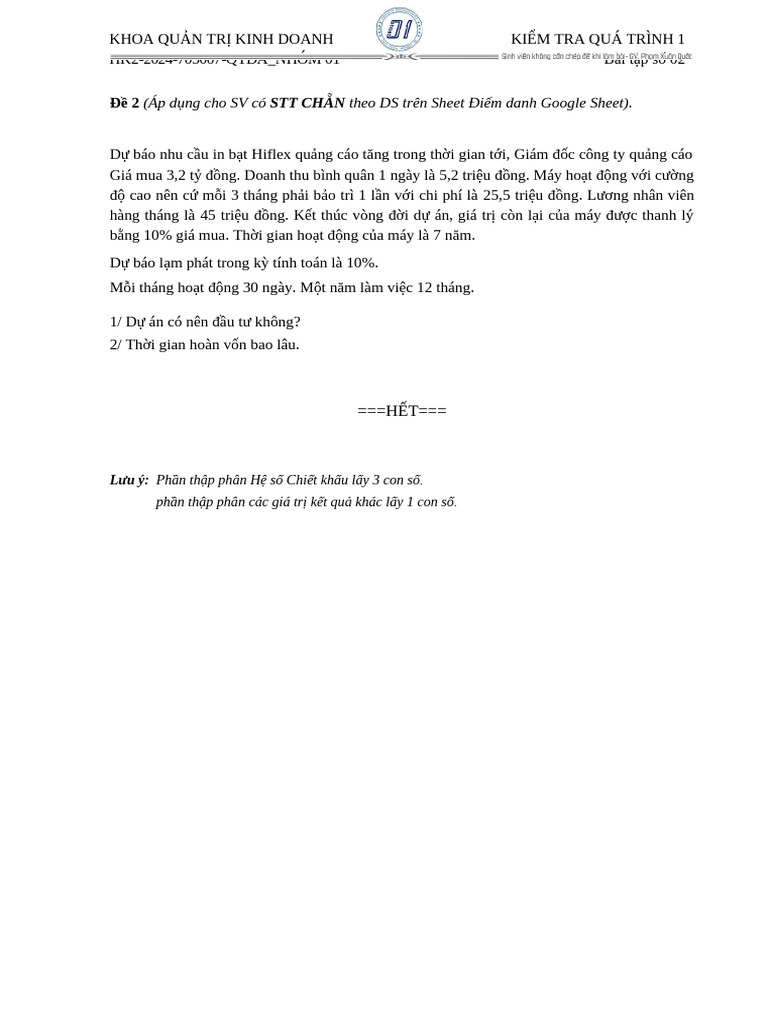 Đề 2 - BT2 - NPV - PP - QTDA - 14022025 | PDF