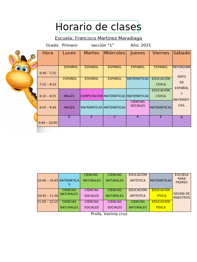 Horario Clases Primero 2025 - Escuela FM Maradiaga | PDF