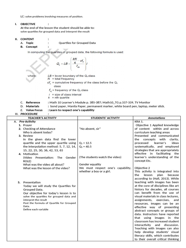 Lesson Plan Quartiles For Grouped Data 2021 | PDF | Learning | Data