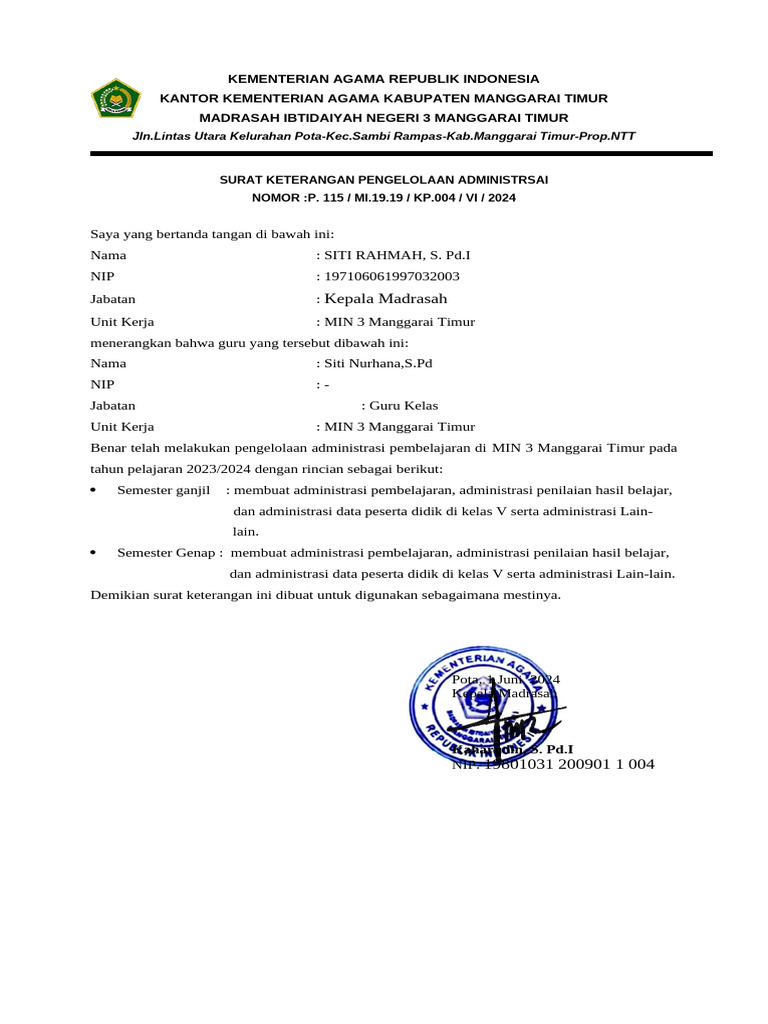 Surat Keterangan Pengelolaan Administrasi 2023-2024 | PDF