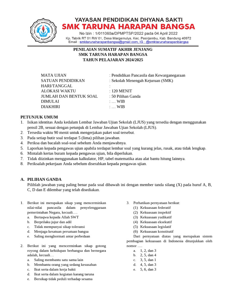 Soal - Ujian - Sekolah - PPKN - SMK - THB 2025 | PDF