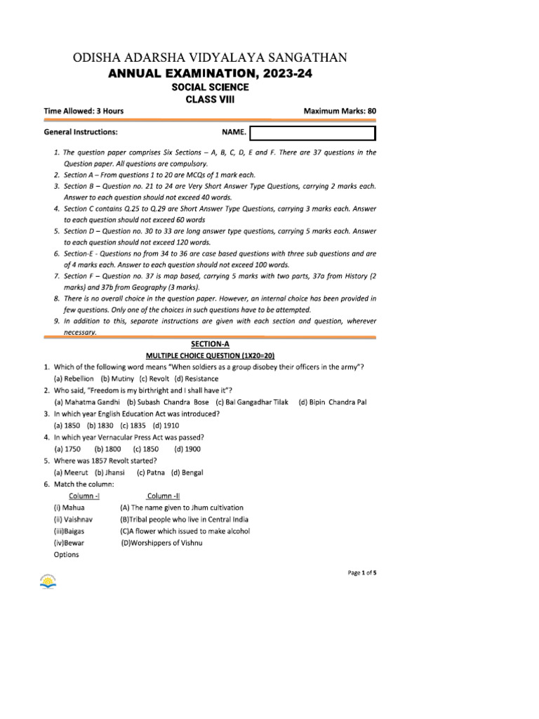 Annual QP SST-VIII @2023-24 | PDF