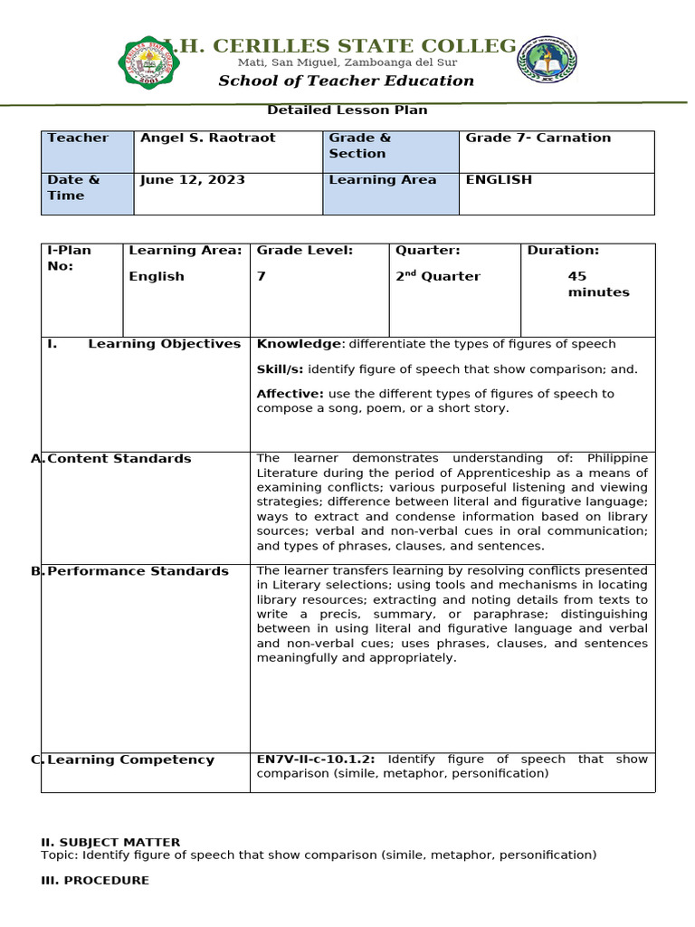 Lesson-Plan-template-JHCSC-STE-for-educ-205 (1) | PDF | Metaphor | Learning