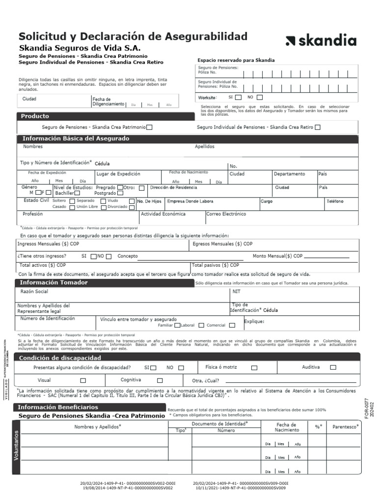 Solicitud y Declaracion de Asegurabilidad Sipen y Crea Patrimonio Skandia Seguros de Vida | PDF ...