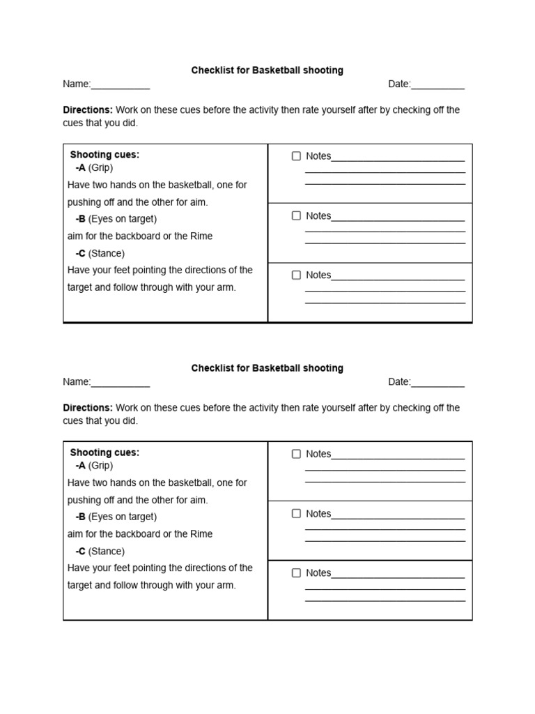 Basketball Shooting Skills Checklist | PDF