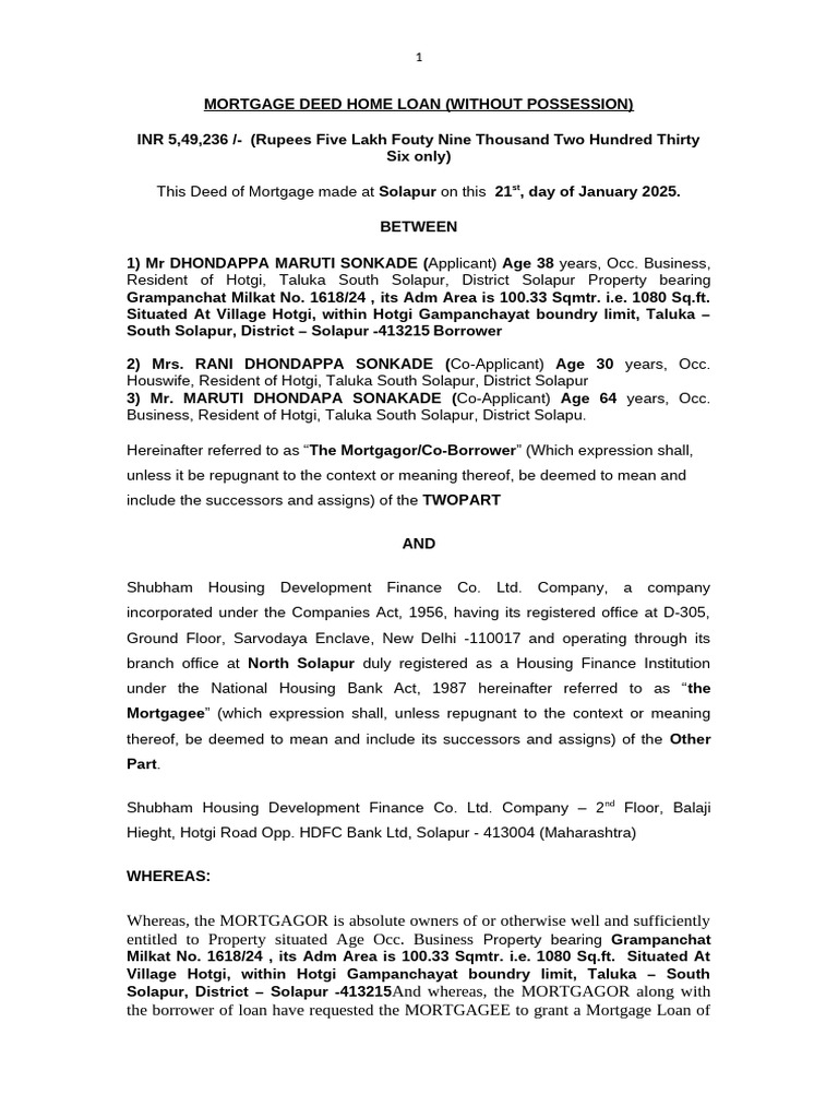MORTGAGE DEED Shubham Housing Finance Limited - Mr Mahadev Devidas Navale | PDF | Mortgage Law ...