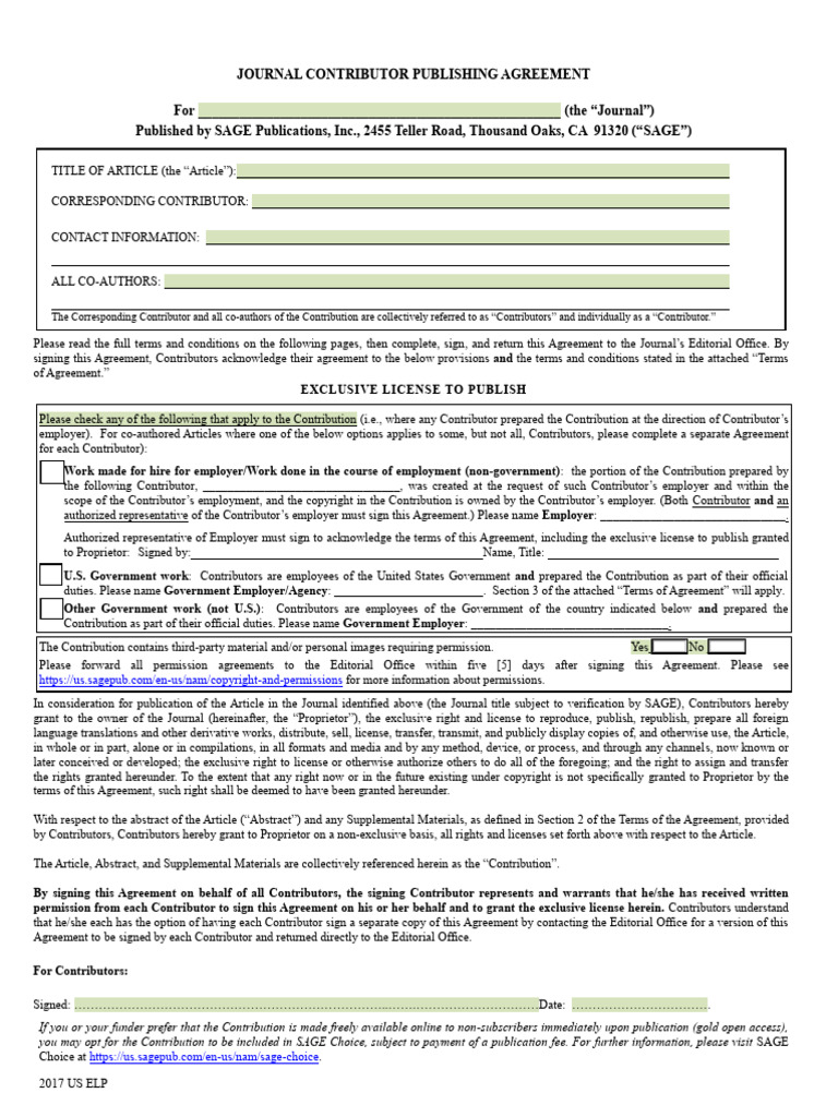 2017 US ELP Journal Contributor Agreement | PDF | Copyright | Copy Editing