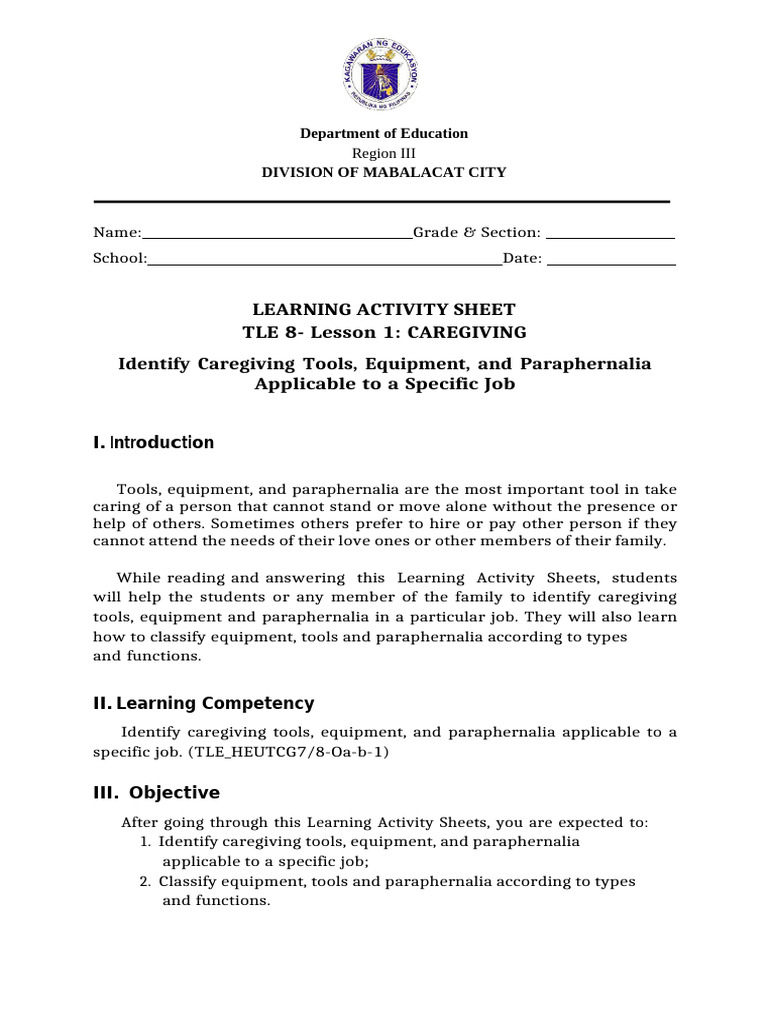 TLE8 - Caregiving - Q2 - Wk1 - Identify Caregiving Tools Equipment and Paraphernalia Applicable ...