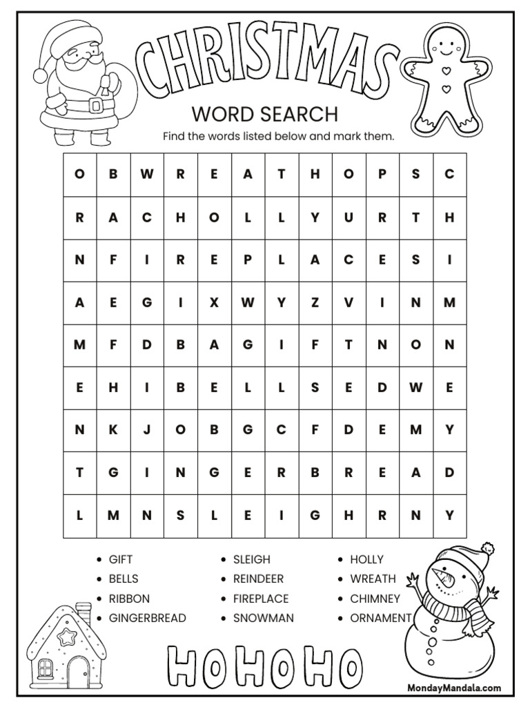 Black White Christmas Word Search Puzzle For Intermediate | PDF