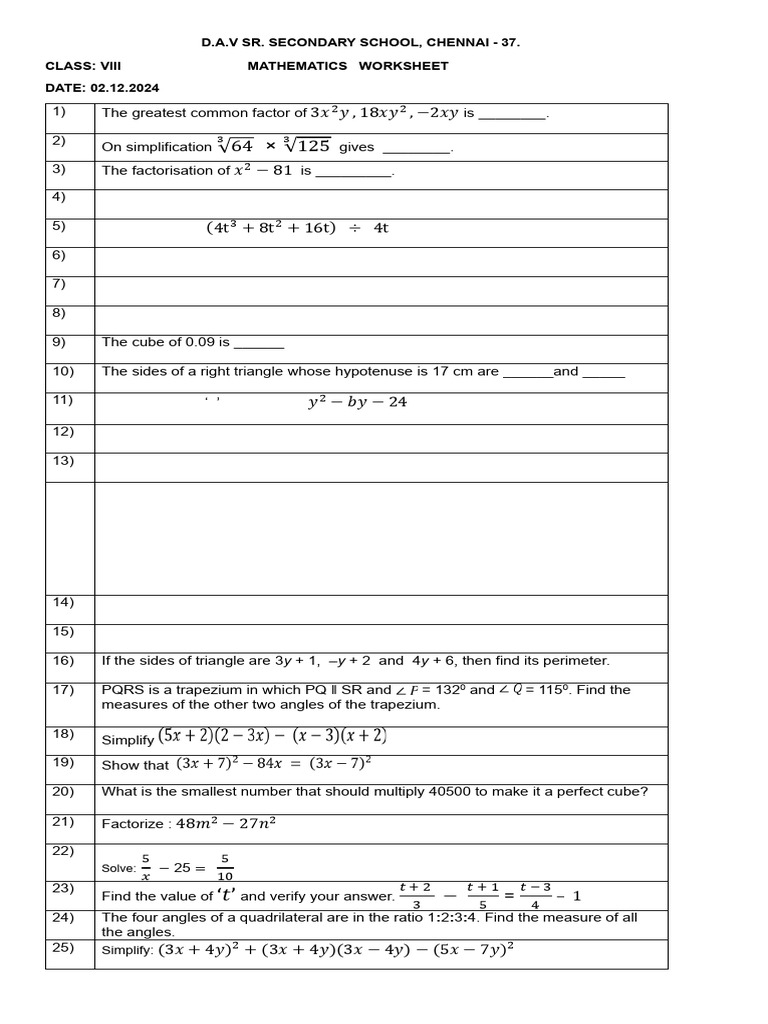 ClassVIII_PT2_Worksheet(24-25)11 | PDF | Rectangle | Elementary Mathematics