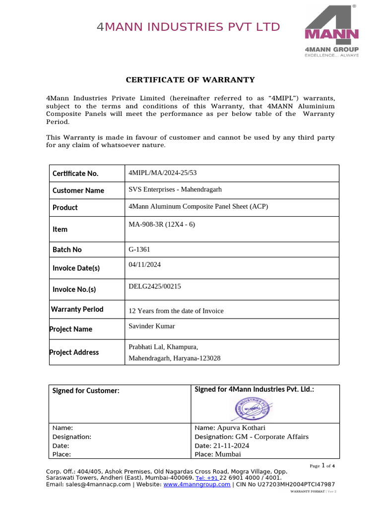 53 SVS Enterprises - Mahendragarh 4Mann Warranty | PDF | Materials