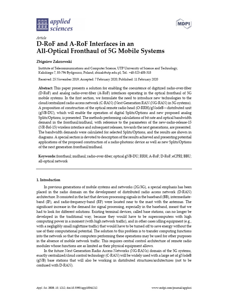 D-RoF and A-RoF Interfaces in An All-Optical Front | PDF | Radio | Computer Network