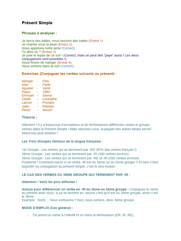 Le Présent Simple en Français | PDF | Verbe | Pluriel