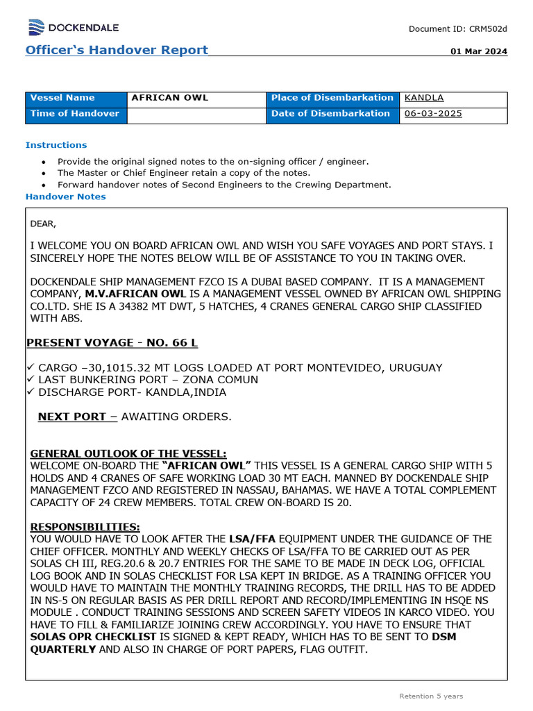 3rd Officers Handover Report | PDF | Water Transport | Ships