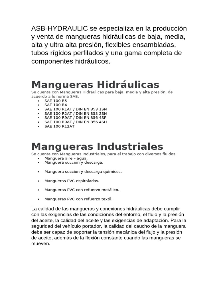 Mangueras Hidráulicas: Se Cuenta Con Mangueras Hidráulicas para Baja, Media y Alta Presión, de ...