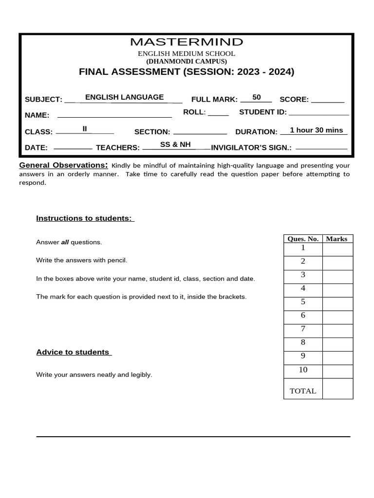 Final Assessment - English Language | PDF | Alice (Alice's Adventures ...