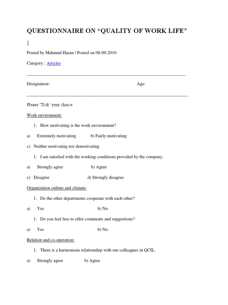 Questionnaire On "Quality of Work Life" | PDF | Employee Benefits ...