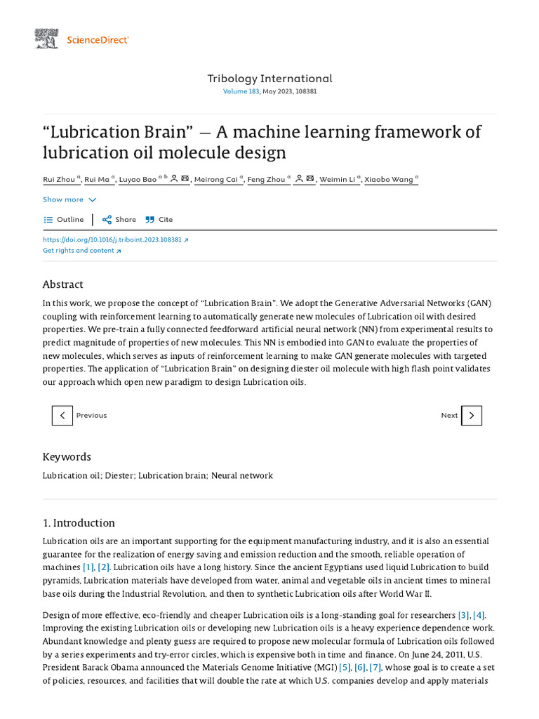 “Lubrication Brain” ― a Machine Learning Framework of Lubrication Oil Molecule Design | PDF ...