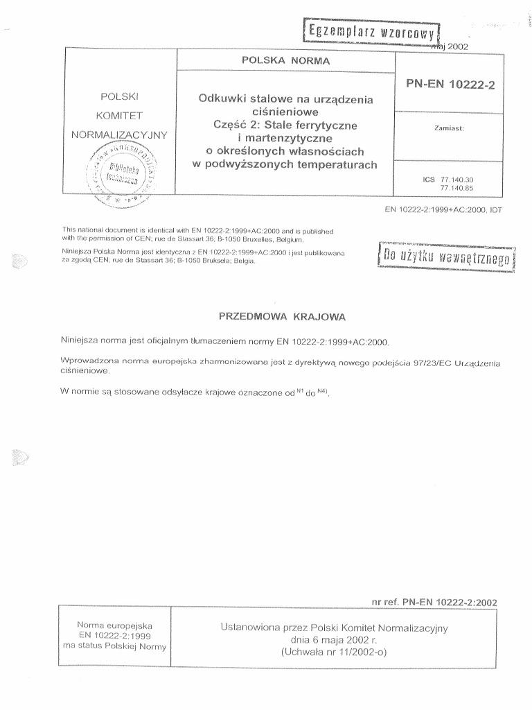 PN - EN - 10222-2 - Odkuwki - Na Urzadz - Cisnien - Stale Ferryt - I ...