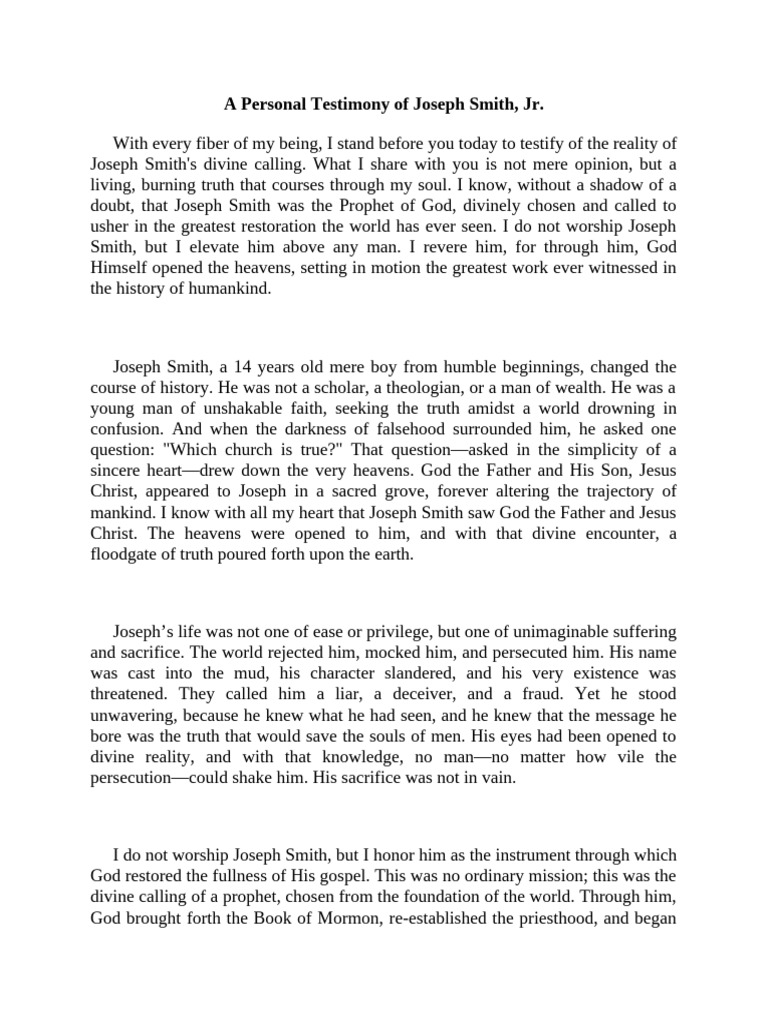 A Personal Testimony of Joseph Smith | PDF | Jesus | Salvation