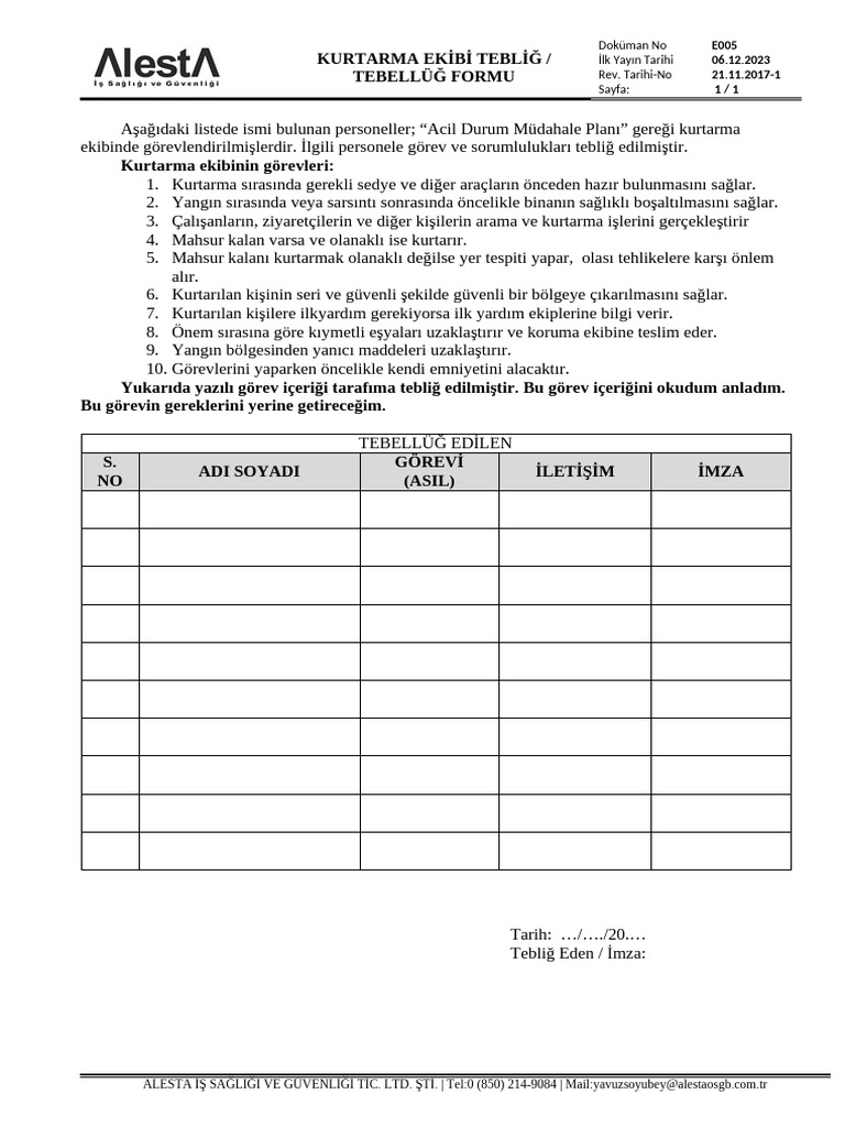 E005-Kurtarma Eki̇bi̇ Tebli̇ğ Ebellüğ Formu E005 | PDF