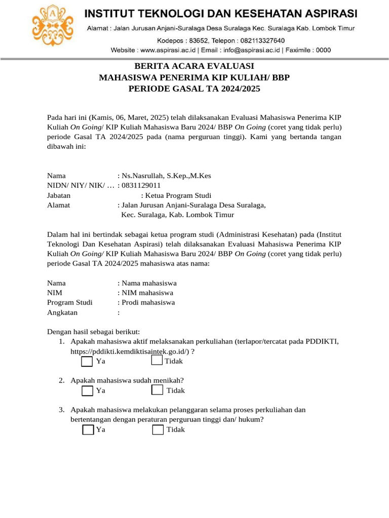 Admkes-Format BA Evaluasi KIPK BBP Genap 2425 | PDF