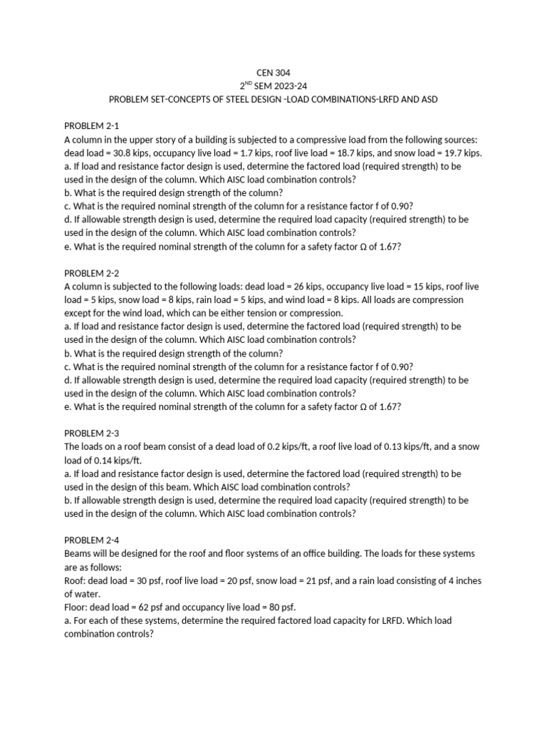 PROBLEM SET-CONCEPT OF STEEL DESIGN -LOAD COMBINATIONS LRFD AND ASD ...