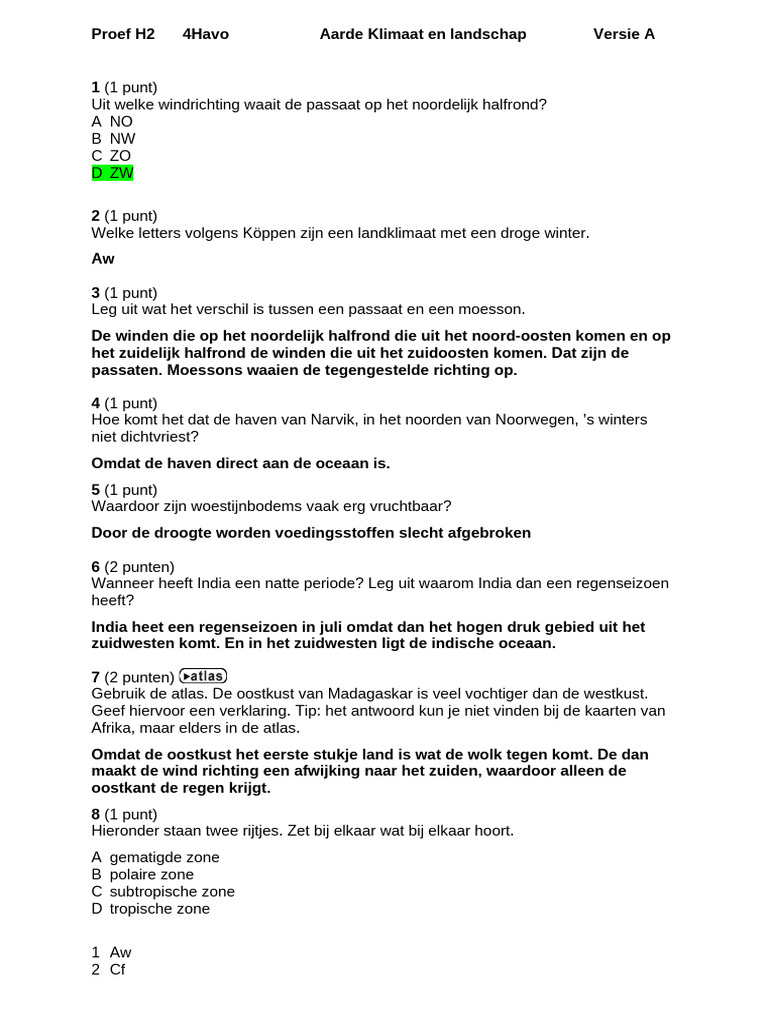Proef H24HavoAarde Klimaat en Landschapversie A | PDF