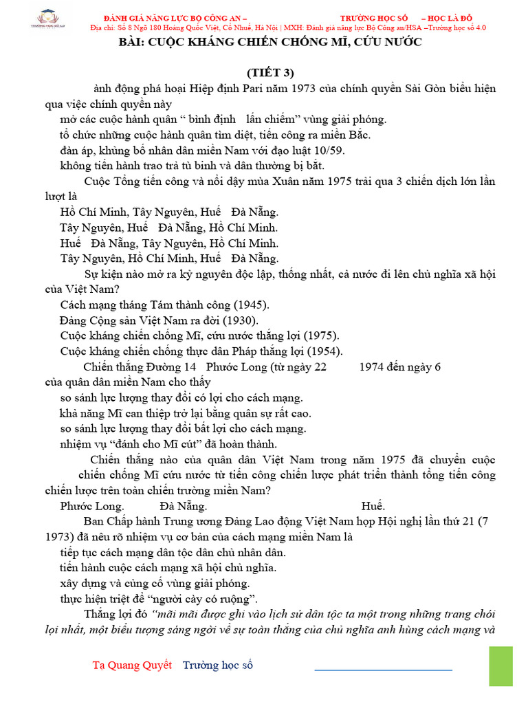 BTHS - TIẾT 3 BÀI - KHÁNG CHIẾN CHỐNG MĨ, CỨU NƯỚC (1954 - 1975) - Copy | PDF