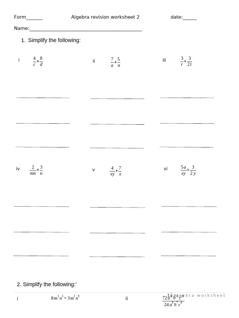Algebra Revision Worksheet 2 | PDF