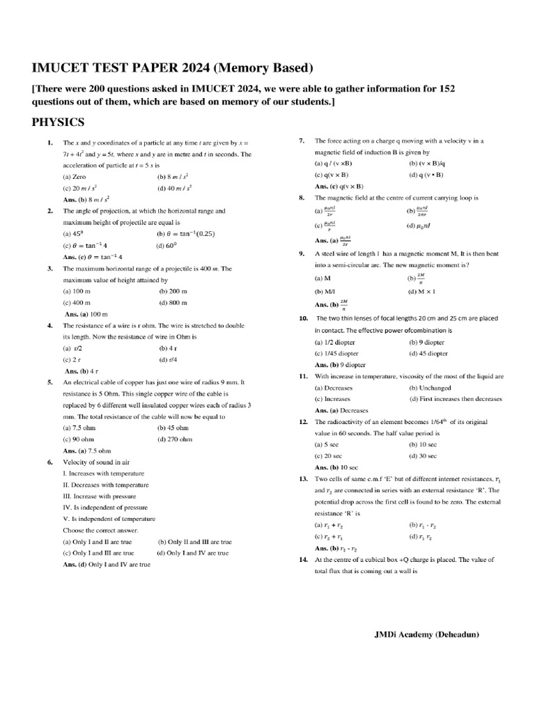 Imucet Test Paper 2024 | PDF