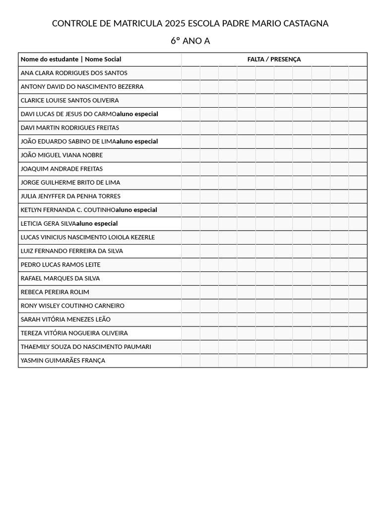 Controle de Matrícula 2025 - Escola Padre Mário Castagna | PDF