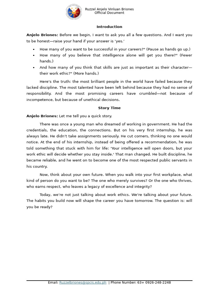 Seminar On Work Ethics Script | PDF