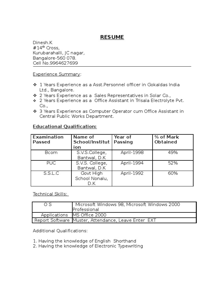 Resume: Educational Qualification: Examination Passed Name of School ...