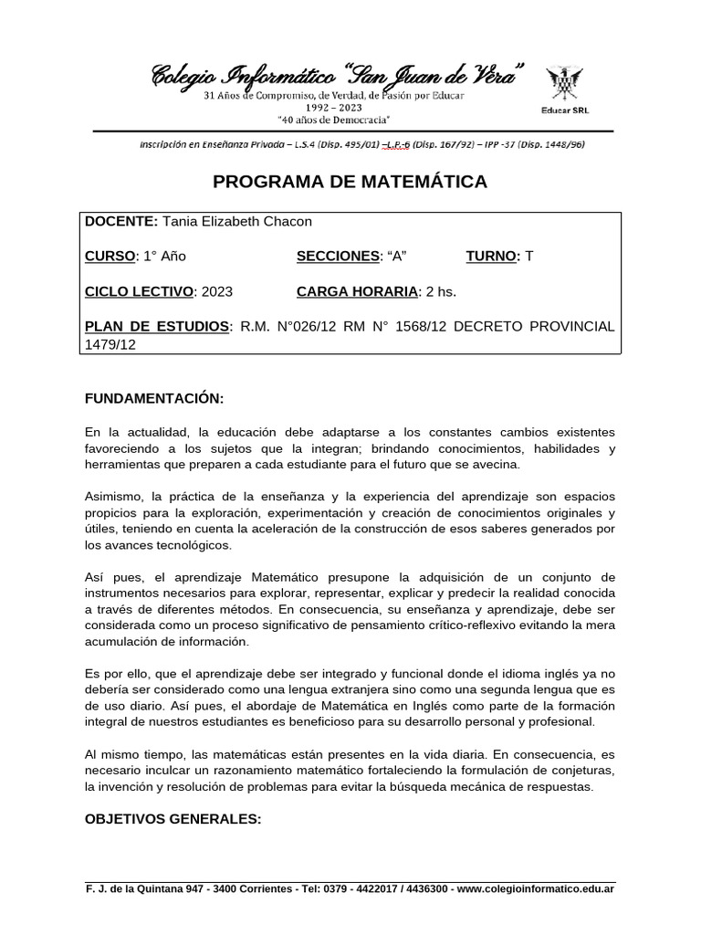 1° Year Annual Project MATHS | PDF | División (Matemáticas) | Número natural