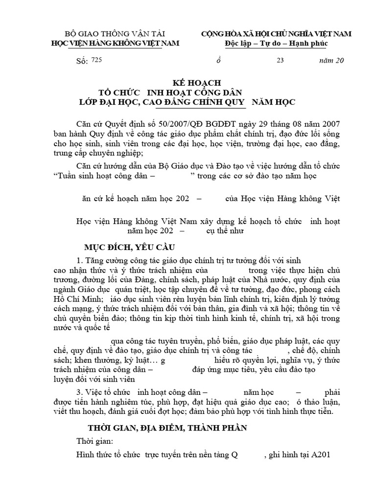 725.KH.HVHK. Kế hoạch tổ chức sinh hoạt công dân - sinh viên các lớp đại học cao đẳng chính quy ...