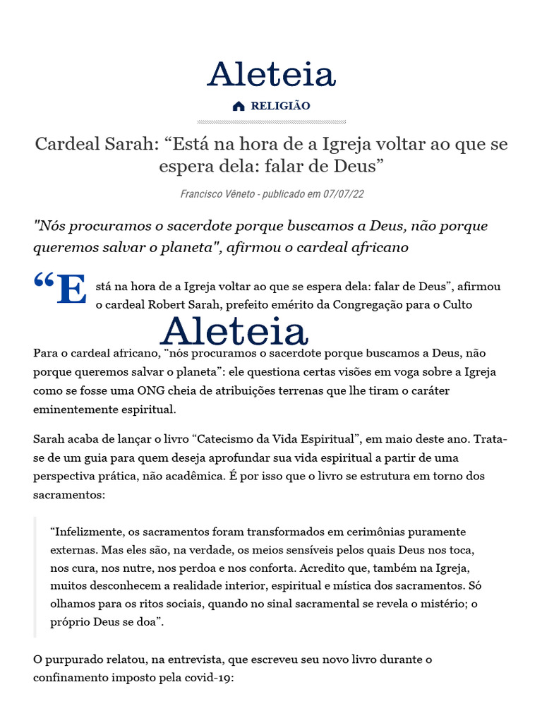 Cardeal Sarah - Está Na Hora de A Igreja Voltar Ao Que Se Espera Dela ...