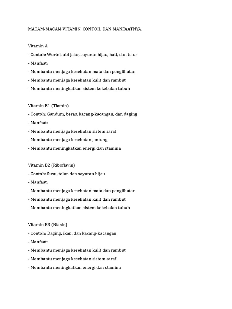 Macam-Macam Vitamin, Contoh, Dan Manfaatnya | PDF