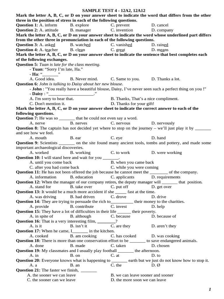 Stress and Pronunciation Test Questions | PDF | World Wide Fund For ...