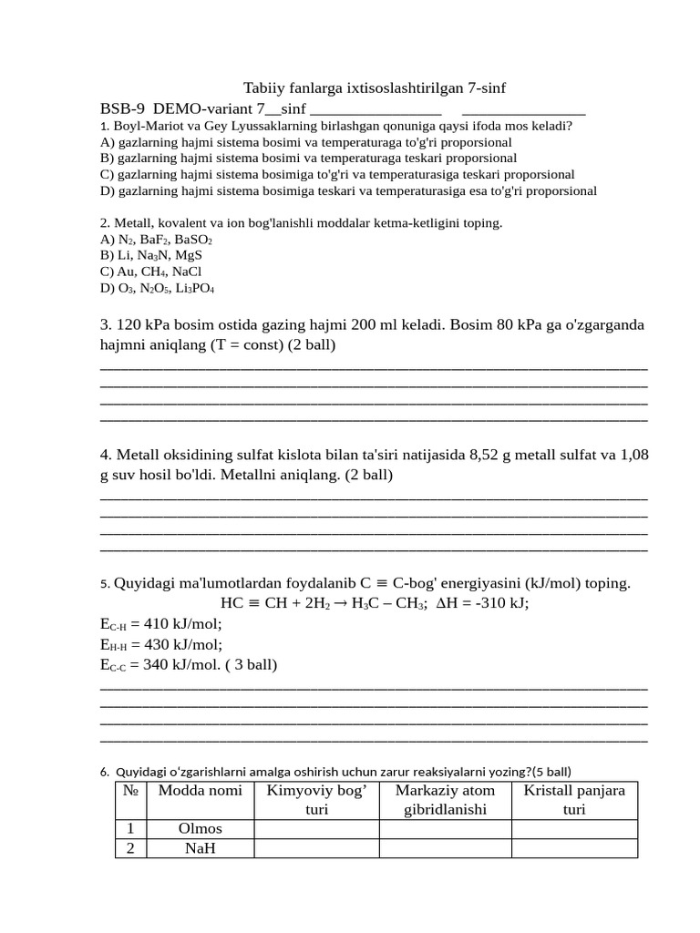 Kimyo BSB-9 7-Sinf Ixtisos Uz DEMO | PDF