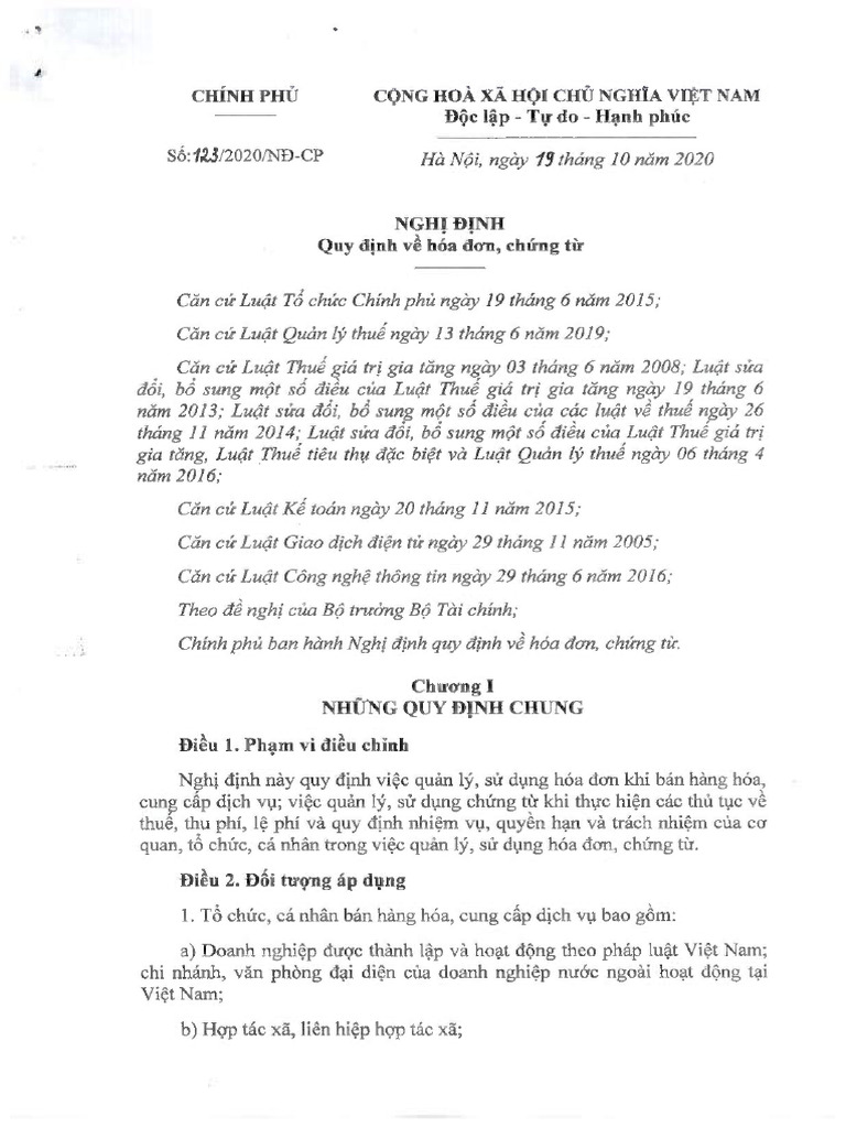 Nghi Dinh 123 2020 Nd Cp Quy Dinh Ve Hoa Don Chung Tu | PDF