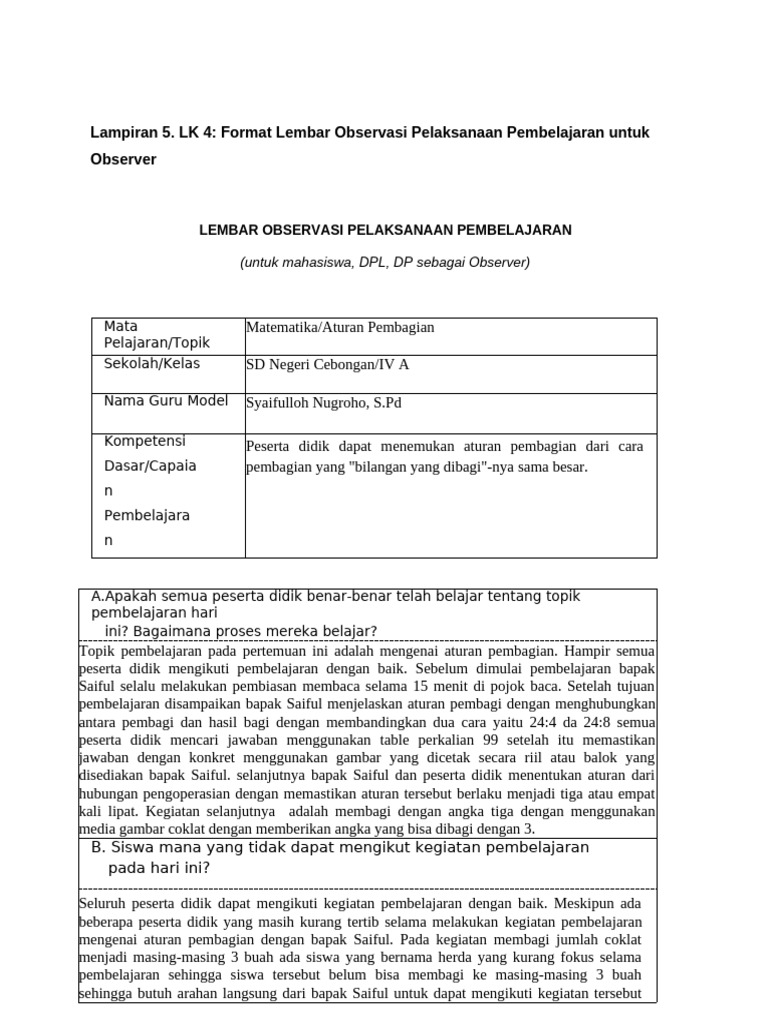 Lampiran 5. LK 4 Format Lembar Observasi Pelaksanaan Pembelajaran Untuk Observer-1 | PDF